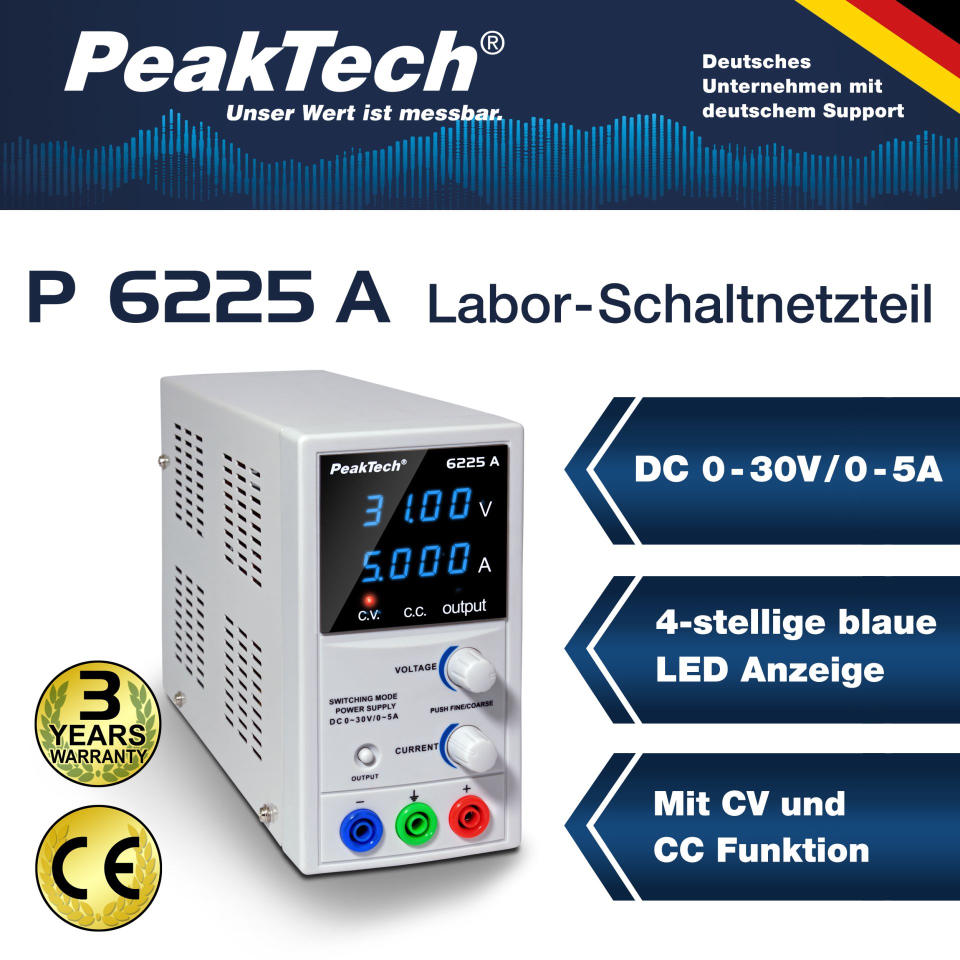 «PeakTech® P 6225 A» Labor-Schaltnetzteil DC 0 - 30 V/0 - 5 A | P 6225 A