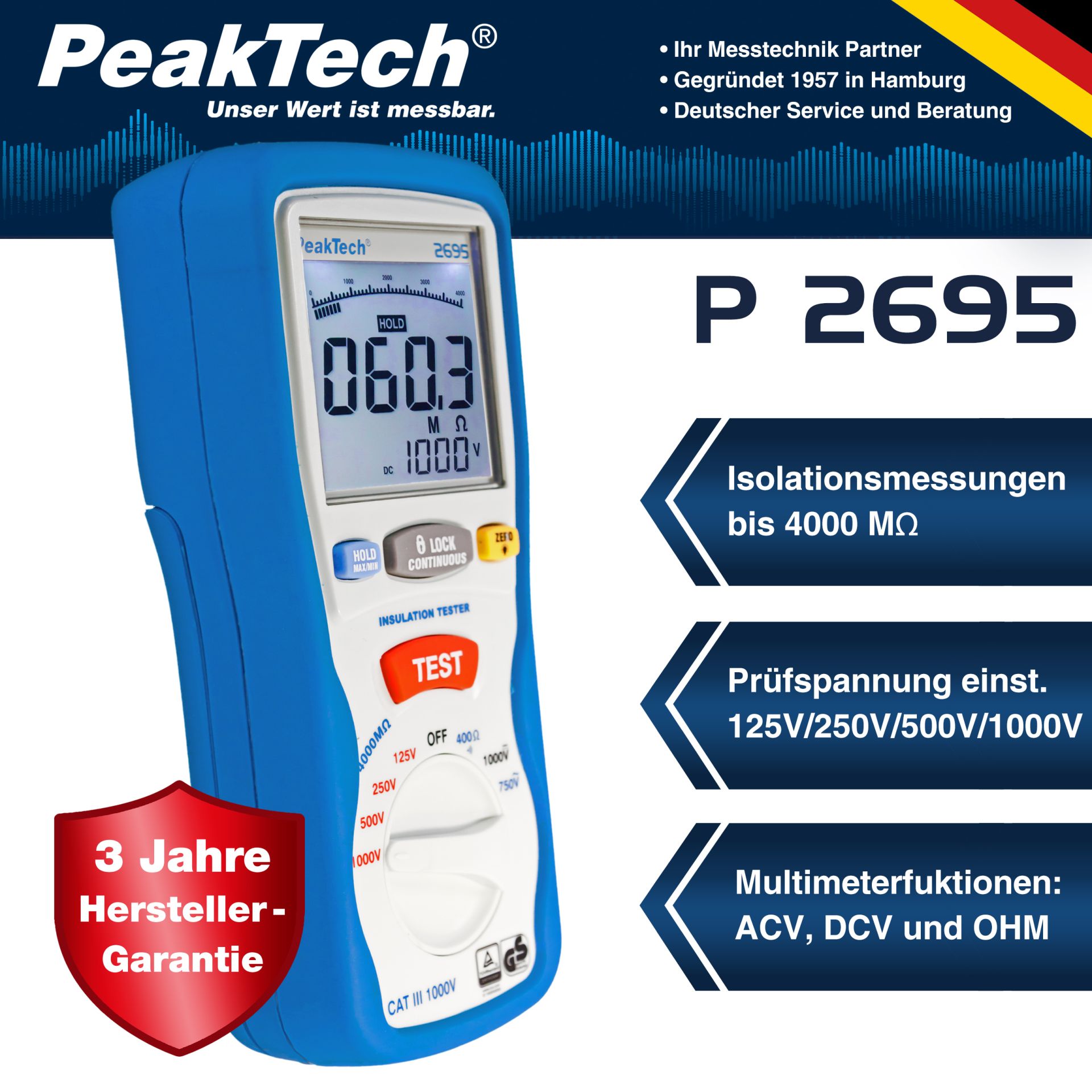 «PeakTech® P 2695» Isolationsmessgerät 125/250/500/1000 V/4000 MΩ | P 2695
