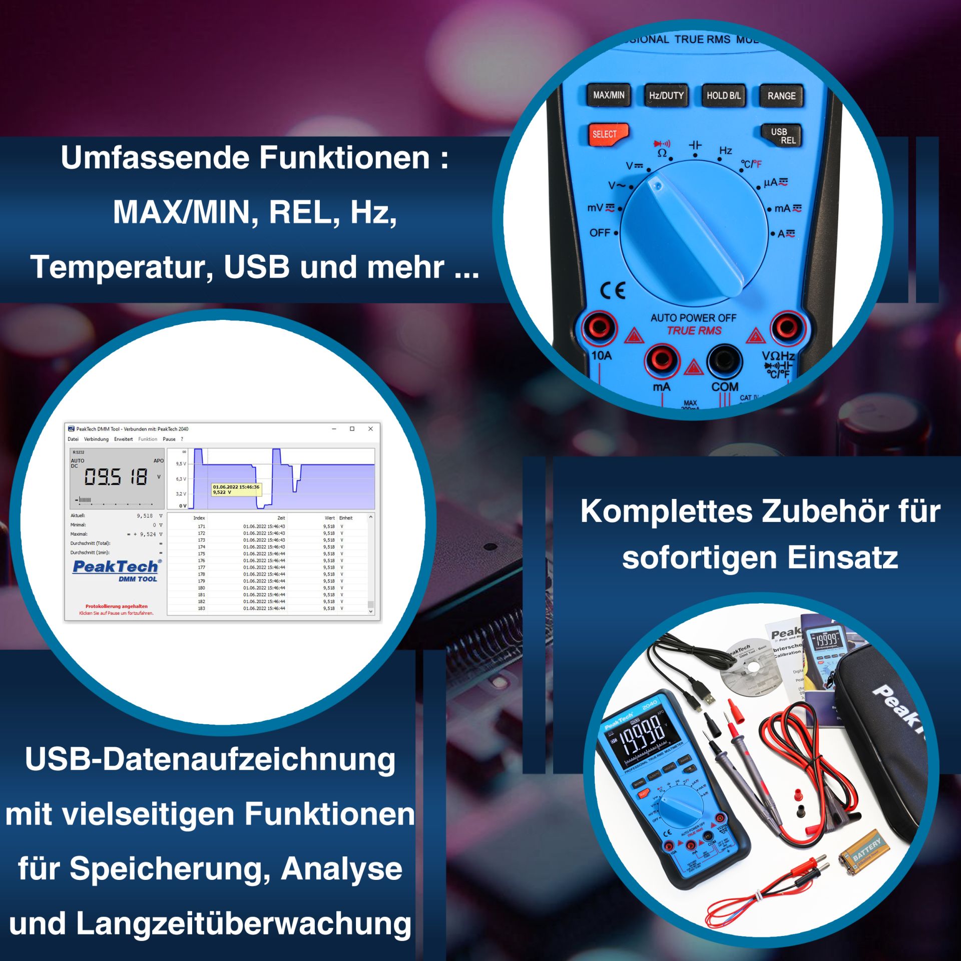 «PeakTech® P 2040» True RMS 1000V Digitalmultimeter 20000 Counts, USB ...